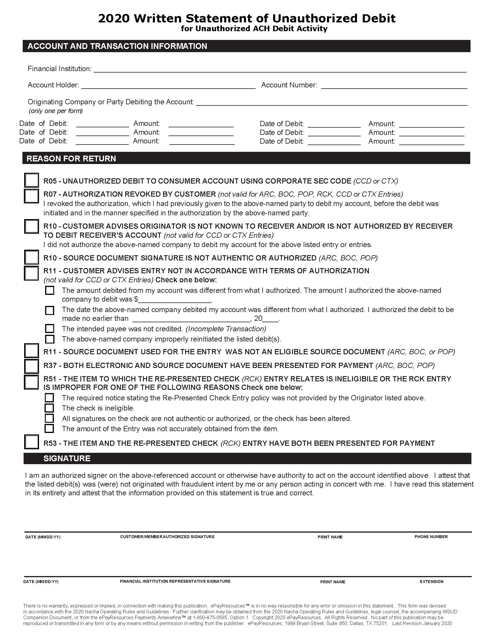 Electronic Written Statement Of Unauthorized Debit Form Product